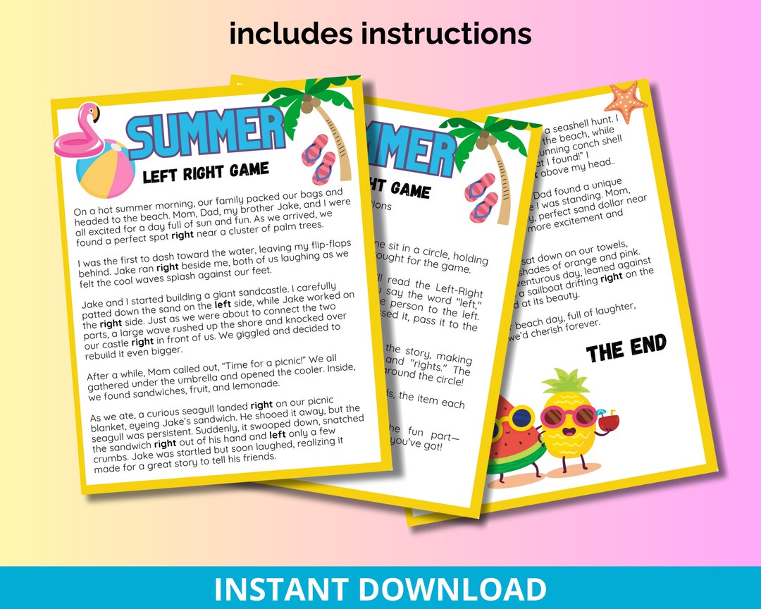 Summer Left Right Game Left Right Summer Printable Game Pool Party Game ...
