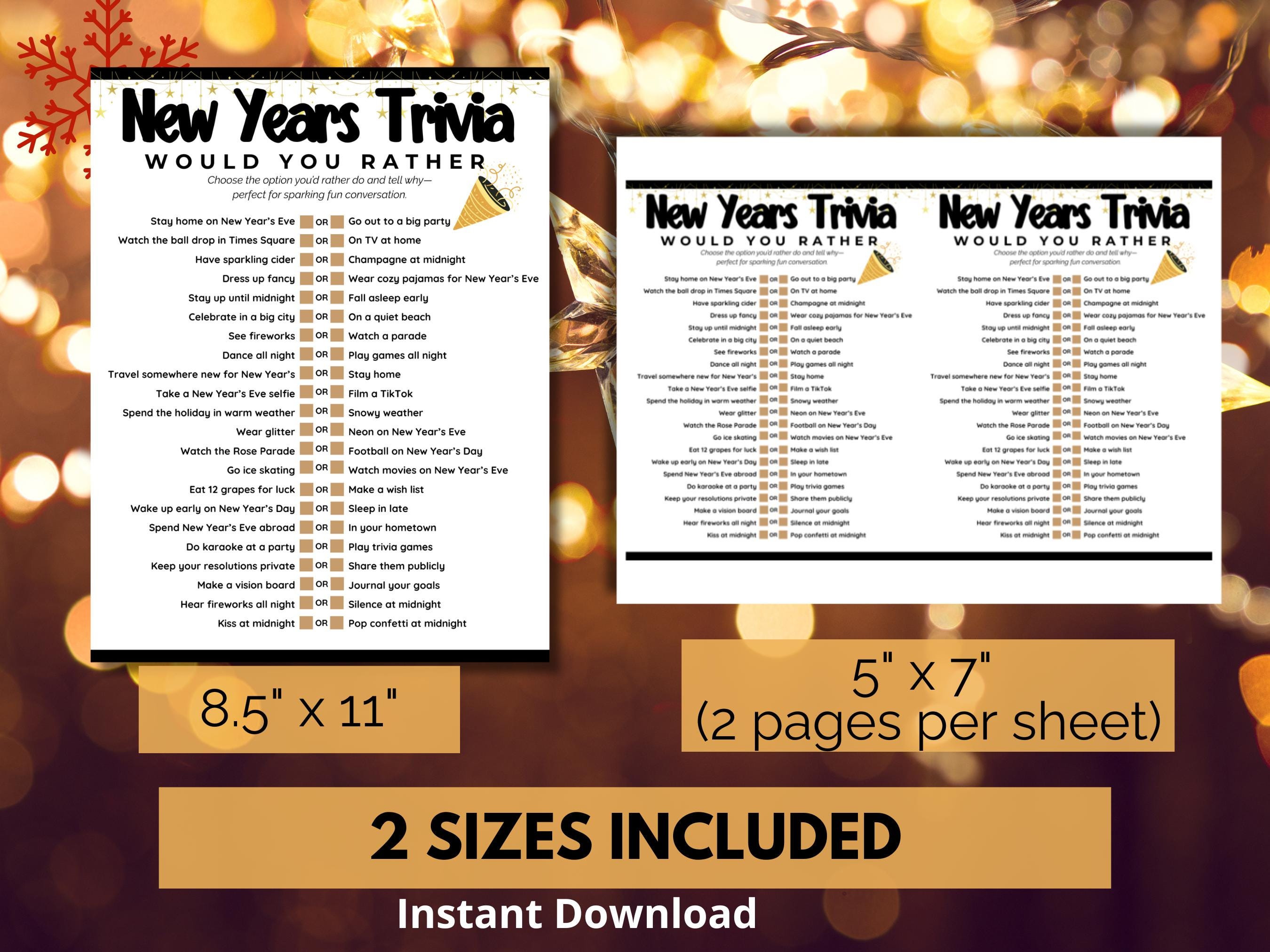 New Years Would You Rather, NYE Games, New Years Eve Game Printable ...