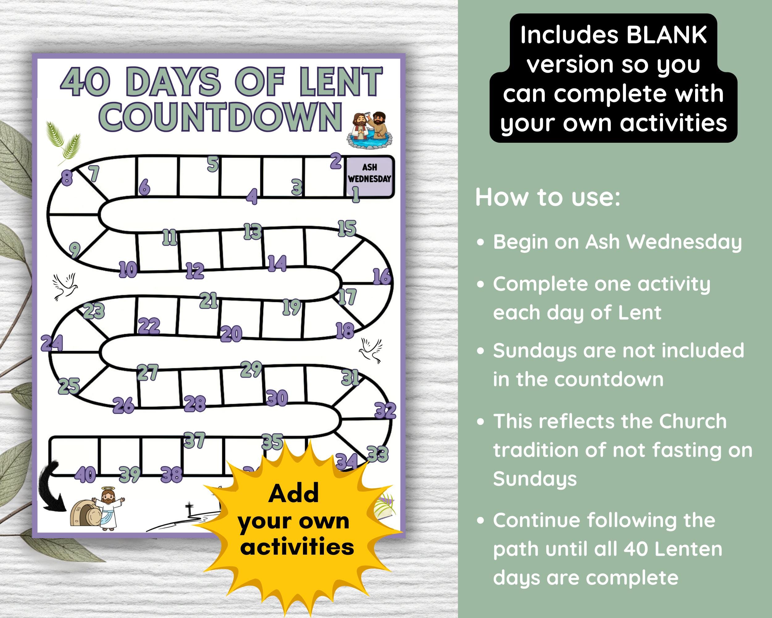 40 Days of Lent Countdown Calendar, Printable Lenten Activities for ...