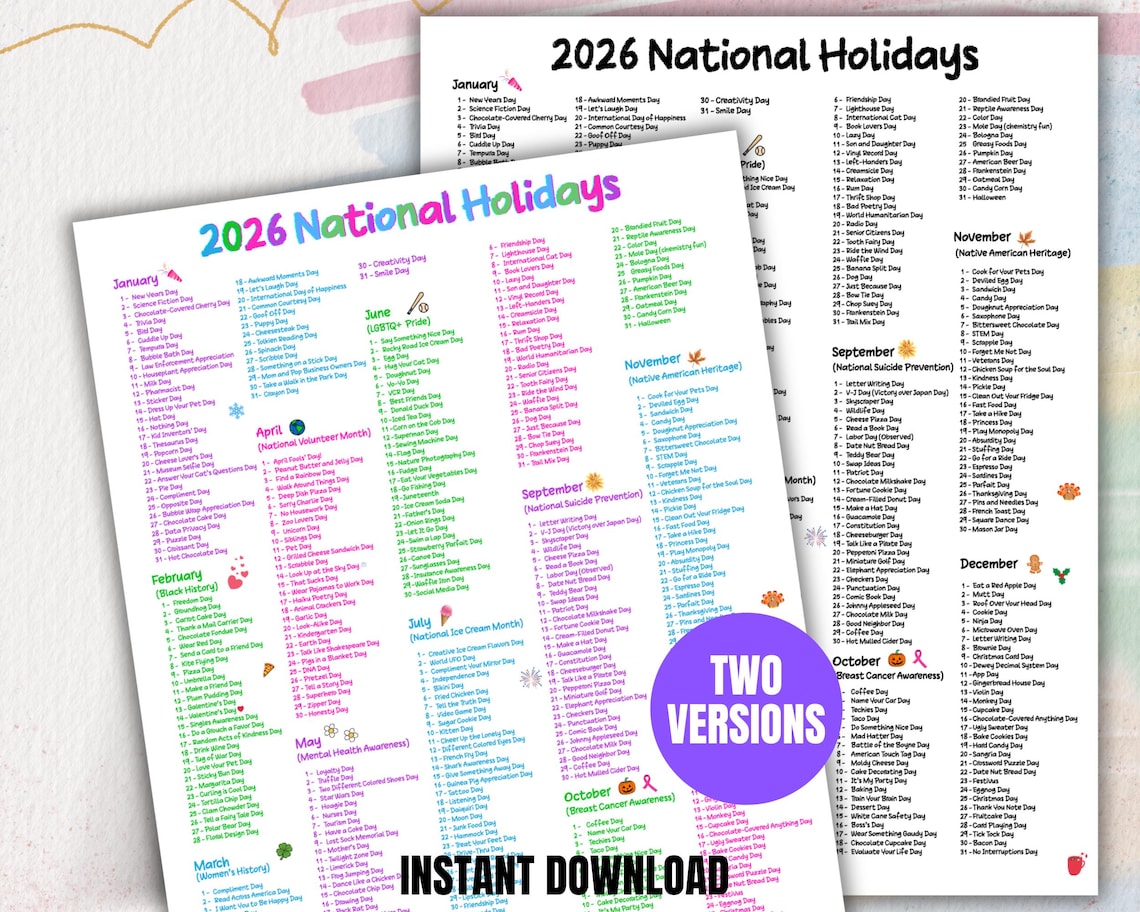 National Days 2026 Printable Calendar, Silly Holidays & Fun Days ...
