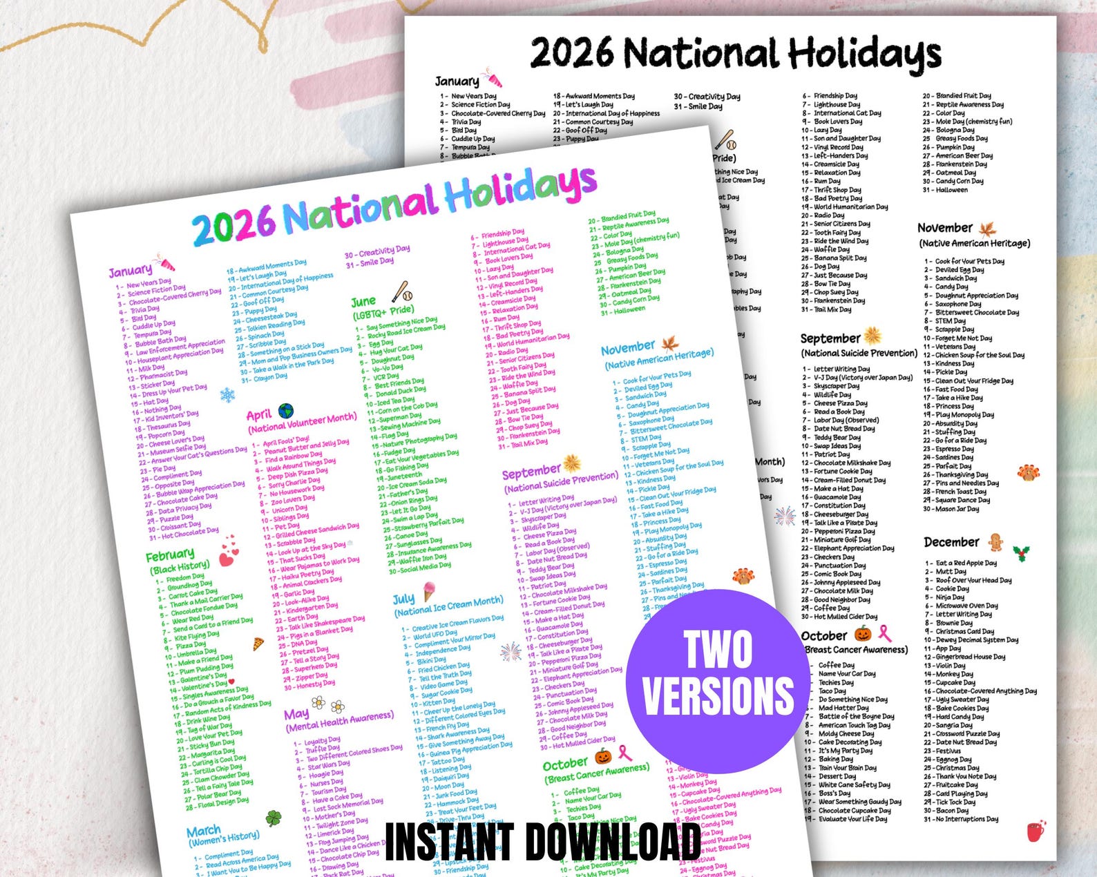 National Days 2026 Printable Calendar, Silly Holidays & Fun Days ...