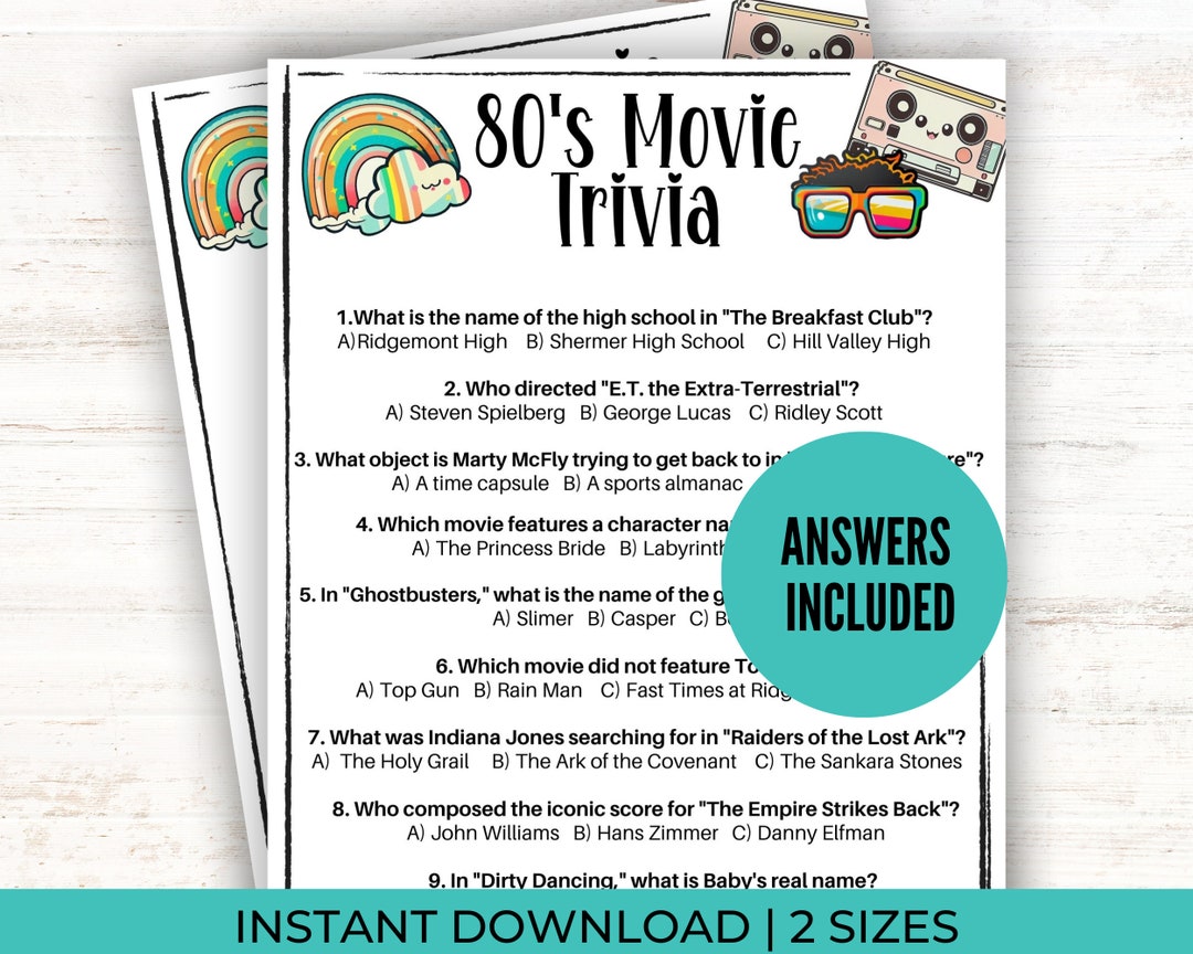 80s Movie Trivia | 1980's Movie Trivia Game | Pub Quiz | Adult Party ...