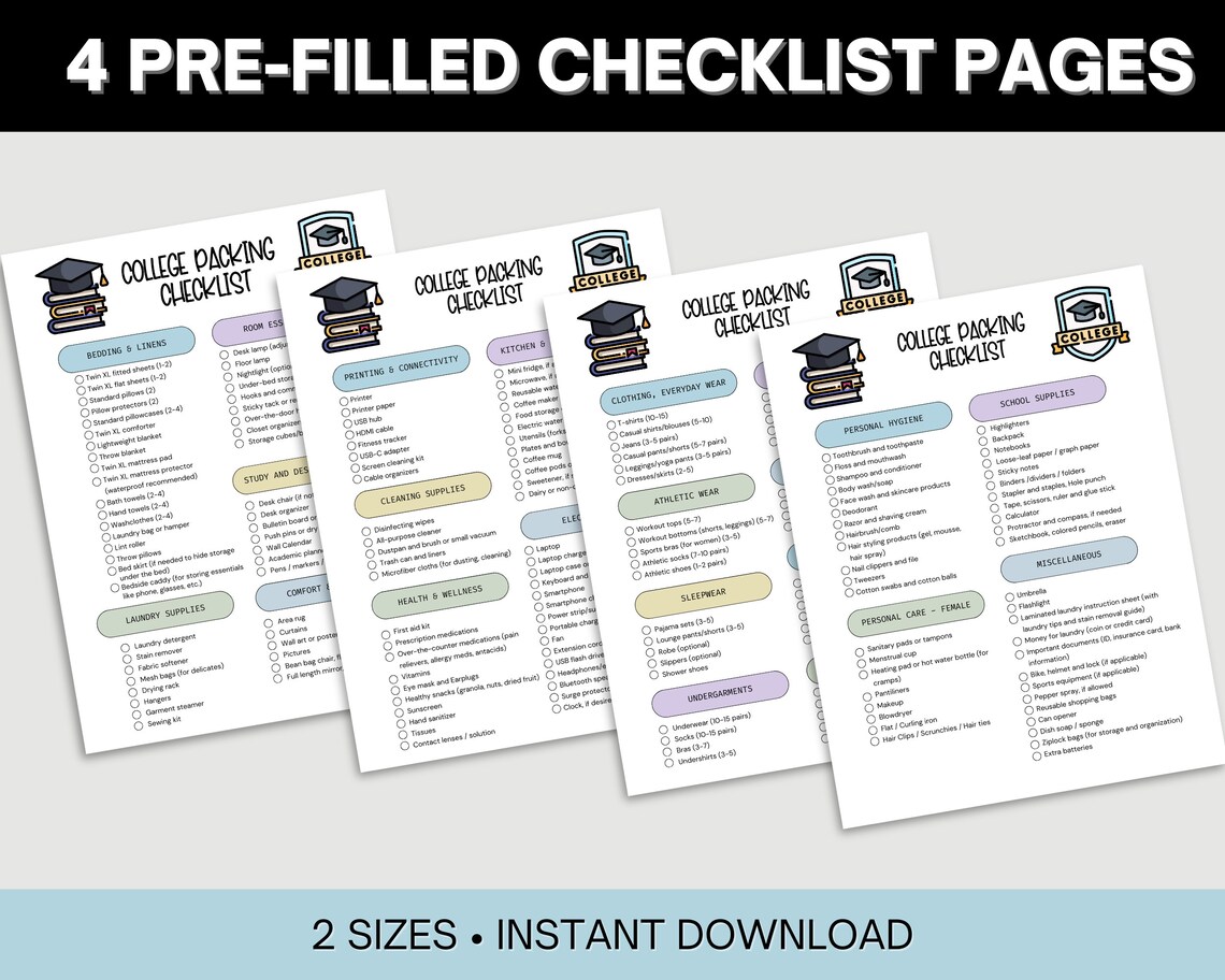 College Packing List Printable College Dorm Essentials Packing List for ...