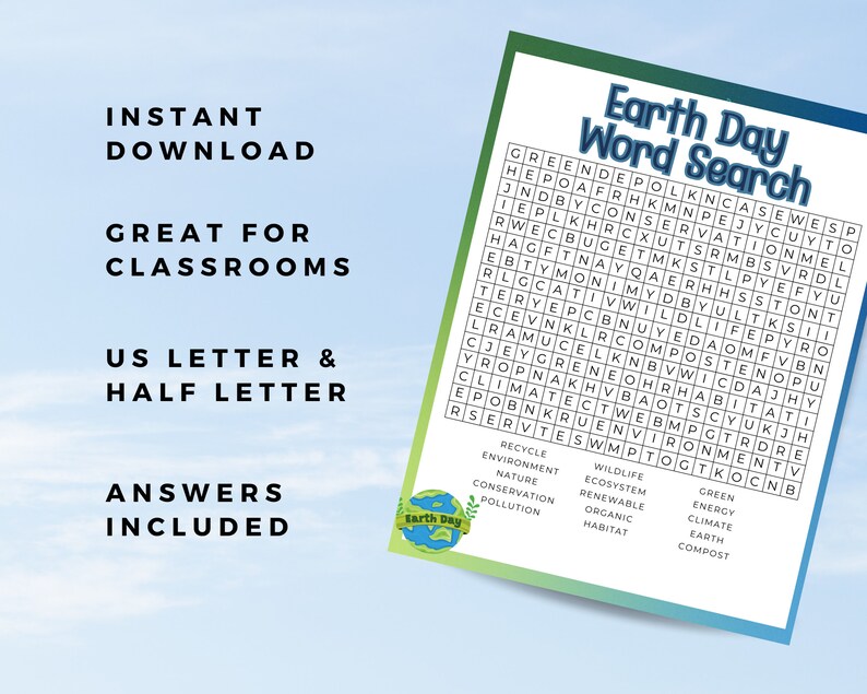 Earth Day Word Search, Printable Earth Day, Earth Day Activity, Earth ...
