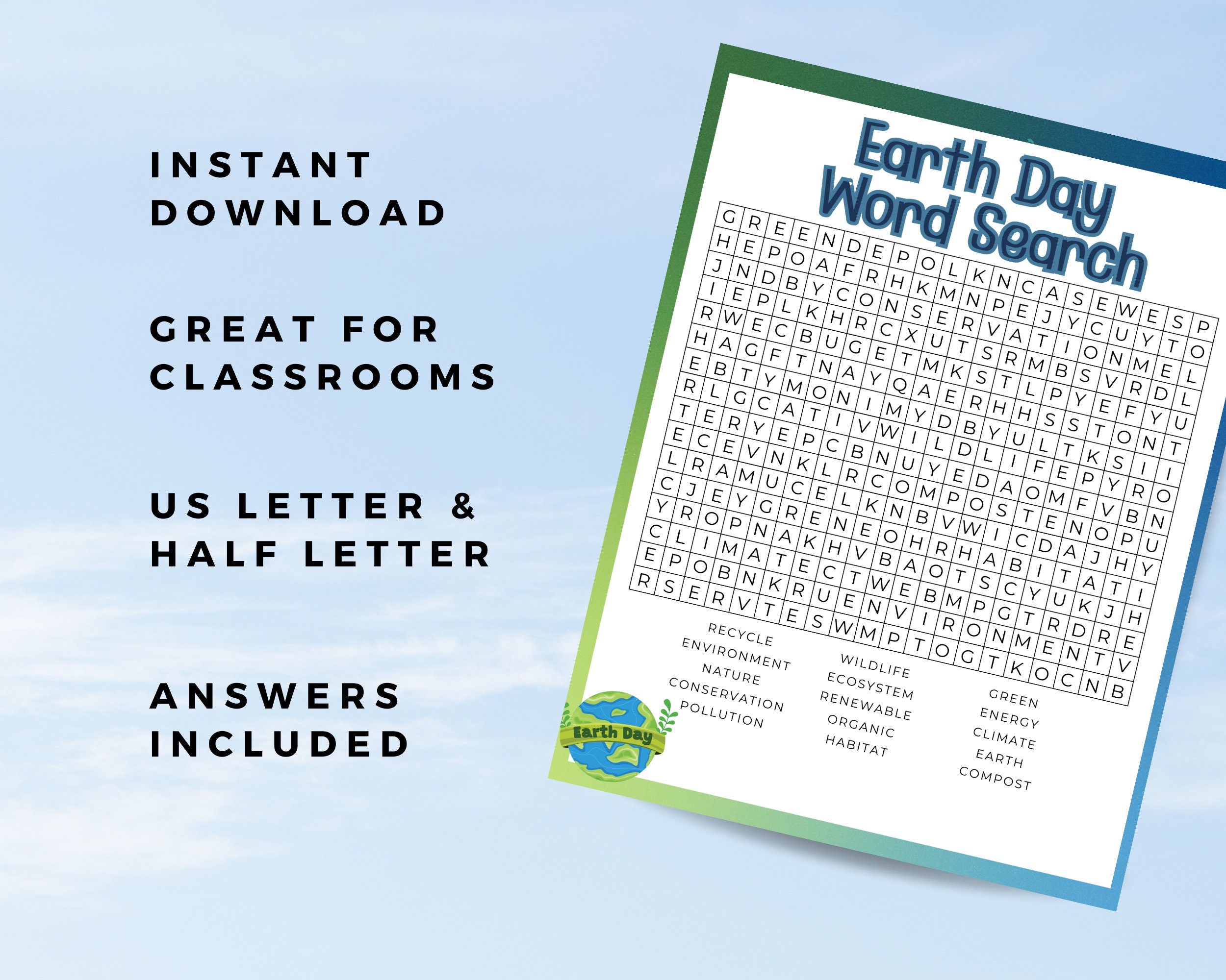 Earth Day Word Search, Printable Earth Day, Earth Day Activity, Earth ...
