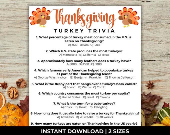 Thanksgiving Quiz, Thanksgiving Trivia Game, Turkey Trivia Game, Ladies ...
