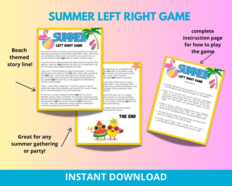 Summer Left Right Game Left Right Summer Printable Game Pool Party Game ...