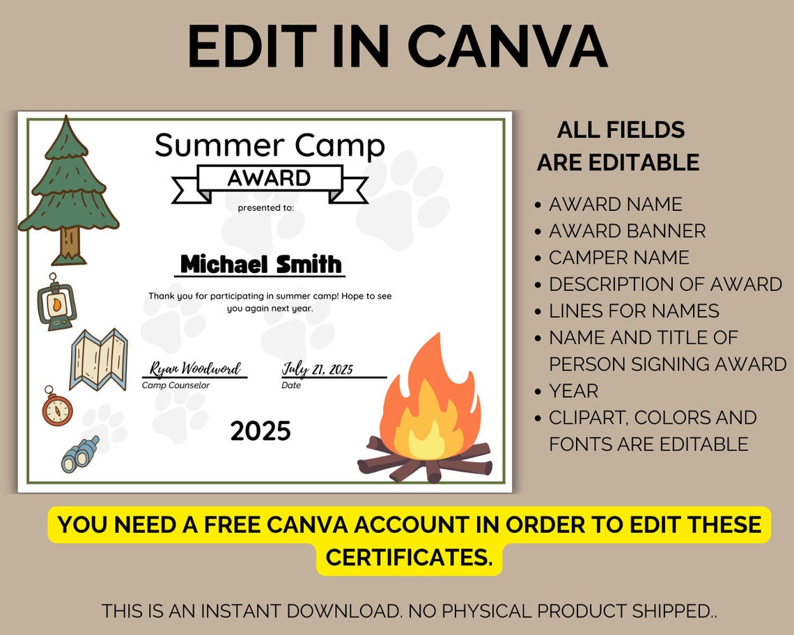 Camp Certificates, Summer Camp Awards, Editable Certificate, Summer ...