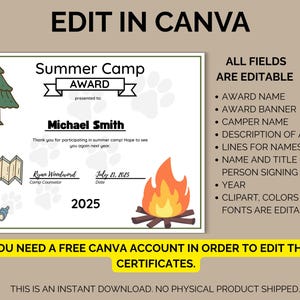 Camp Certificates, Summer Camp Awards, Editable Certificate, Summer ...