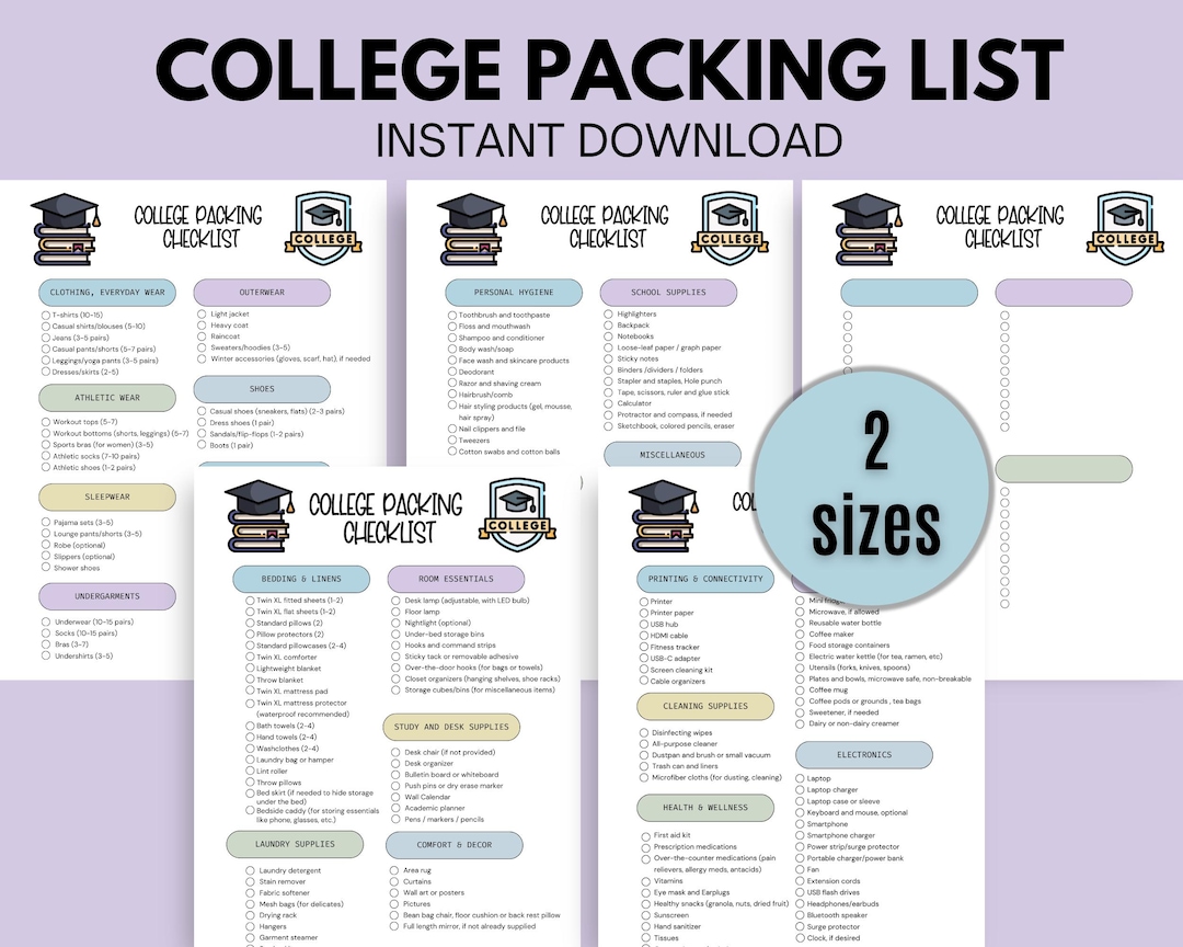 College Packing List Printable College Dorm Essentials Packing List for ...