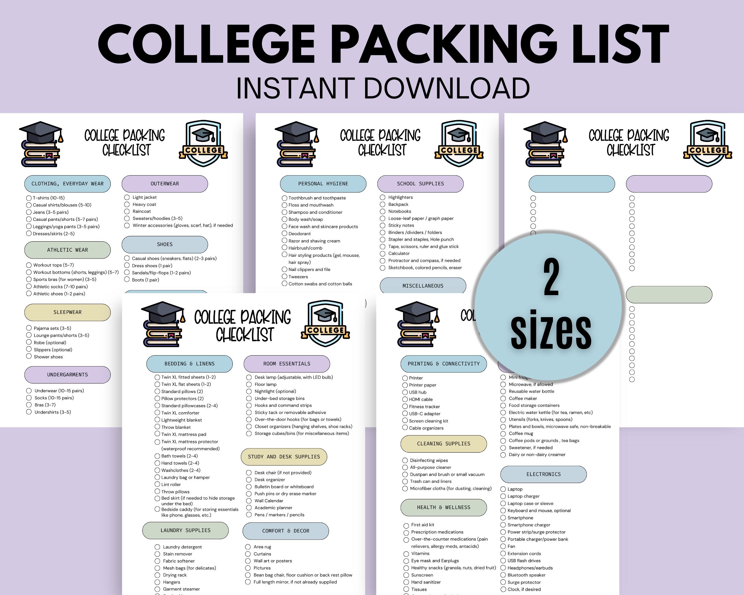 College Packing List Printable College Dorm Essentials Packing List for ...