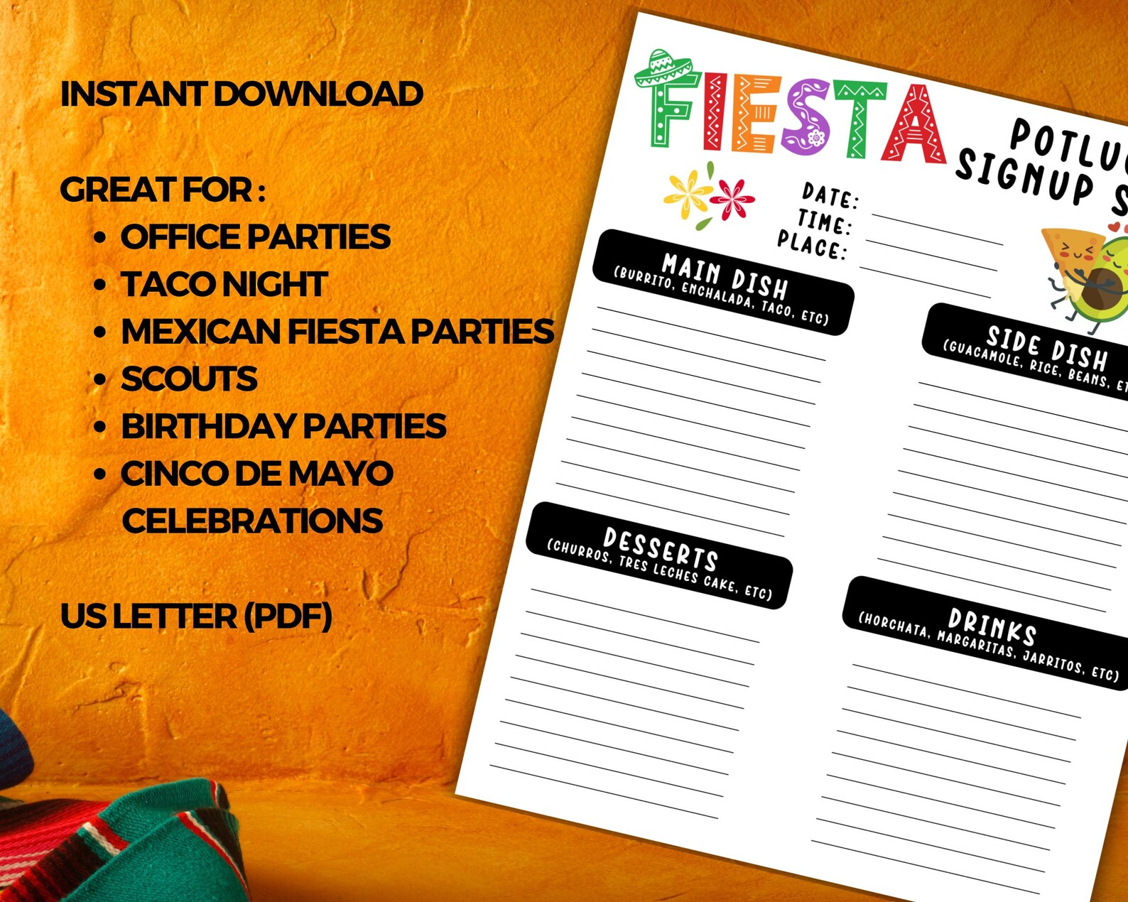 Fiesta Potluck Sign up Sheet, Cinco De Mayo Food Signup Form, Fiesta ...