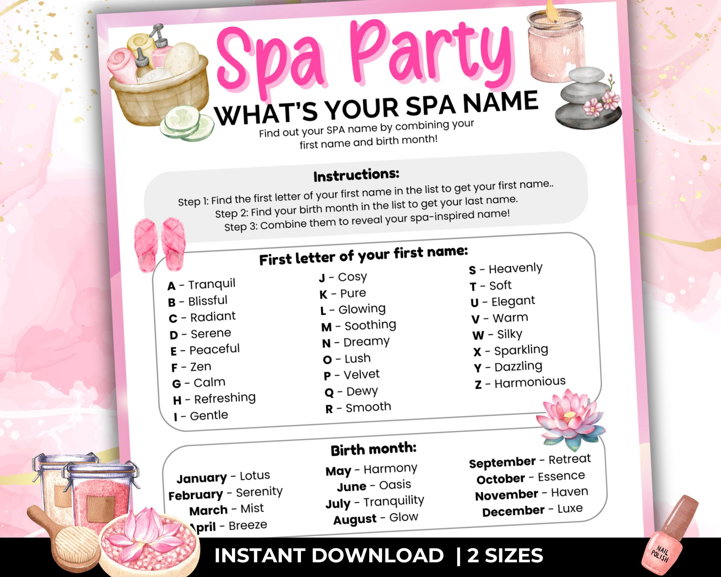 Spa Party Activity, Whats Your Spa Name, Spa Party Party Games, Spa ...