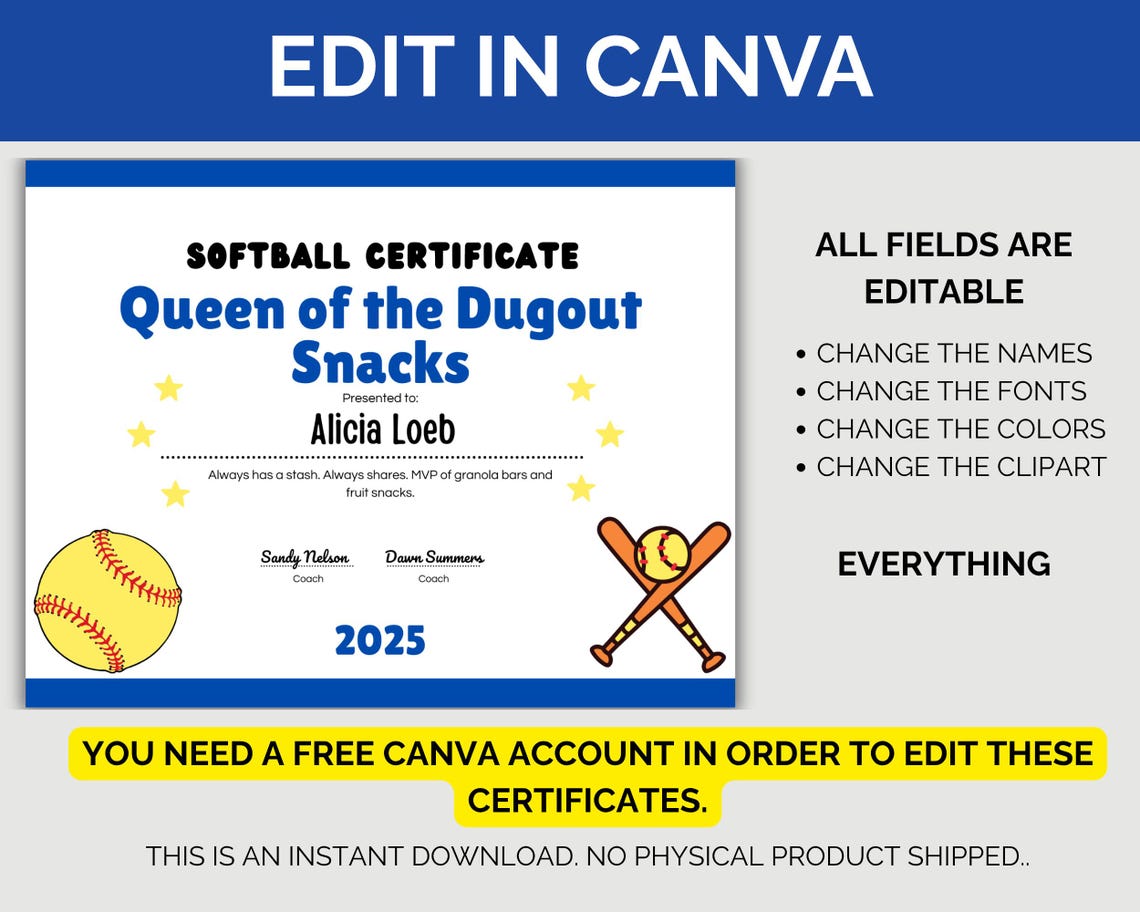 Funny Softball Awards, Softball Superlatives, Softball Certificate ...