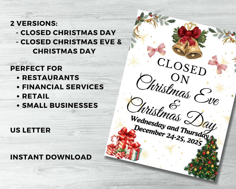 Closed for Christmas Sign, Closed for the Holidays Sign, Holiday Closed ...