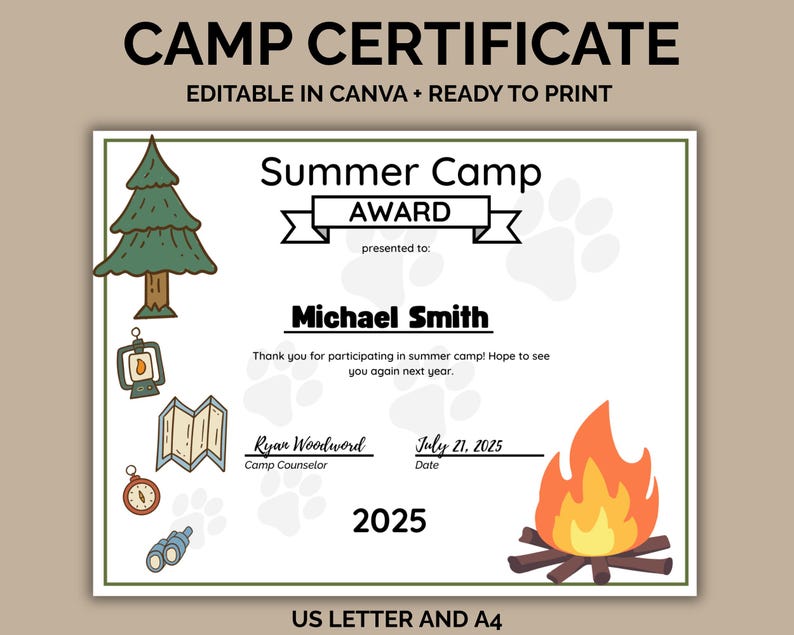 Camp Certificates, Summer Camp Awards, Editable Certificate, Summer ...