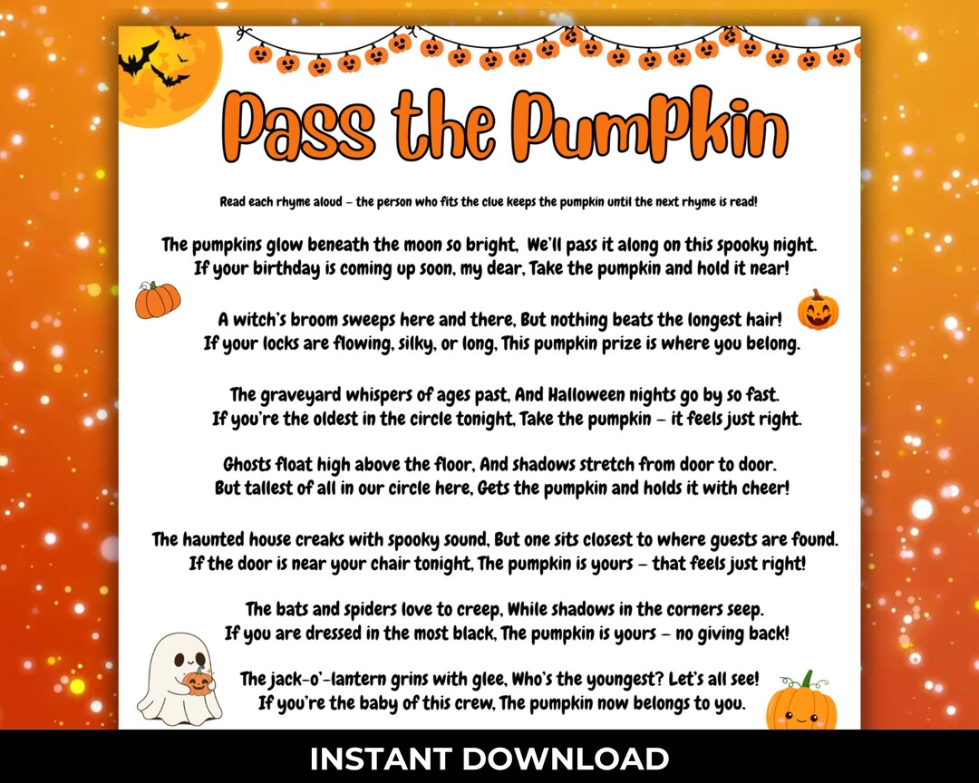 Pass the Pumpkin Game, Pass the Pumpkin Printable, Halloween Pass the ...