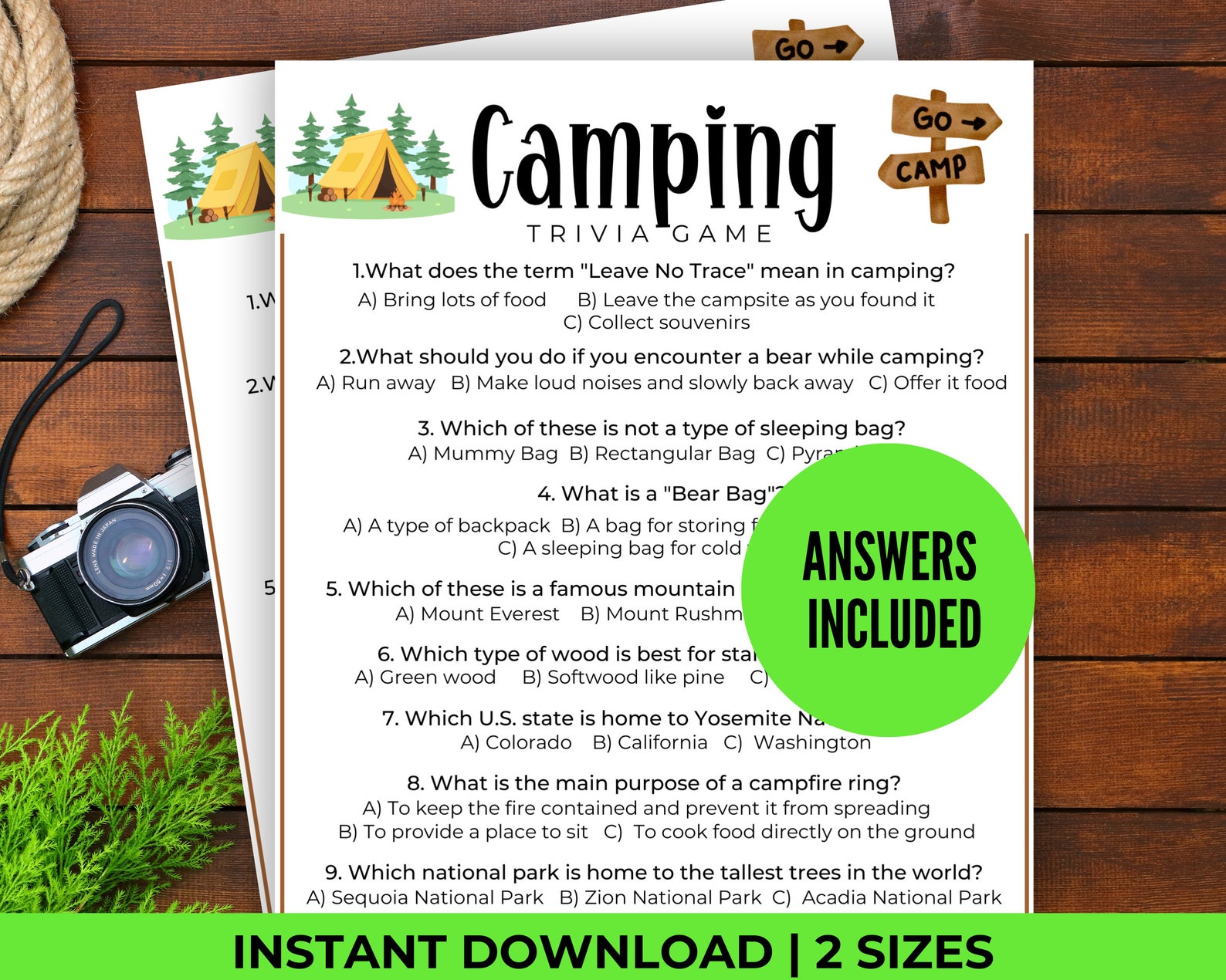 Campfire Trivia Printable; Camping Trivia Printable for Kids Camping Activities - Etsy