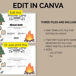 Camp Certificates, Summer Camp Awards, Editable Certificate, Summer ...