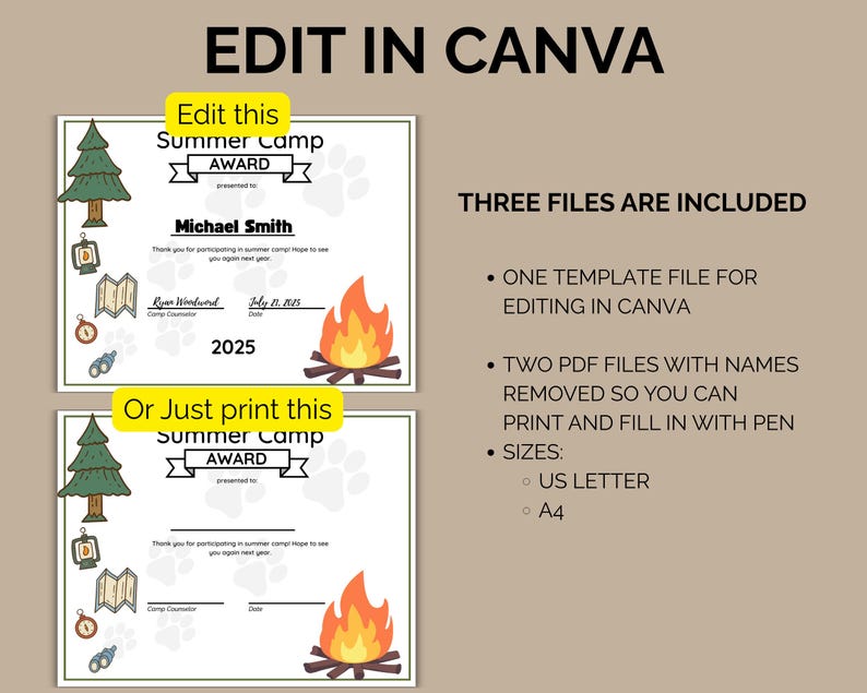 Camp Certificates, Summer Camp Awards, Editable Certificate, Summer ...