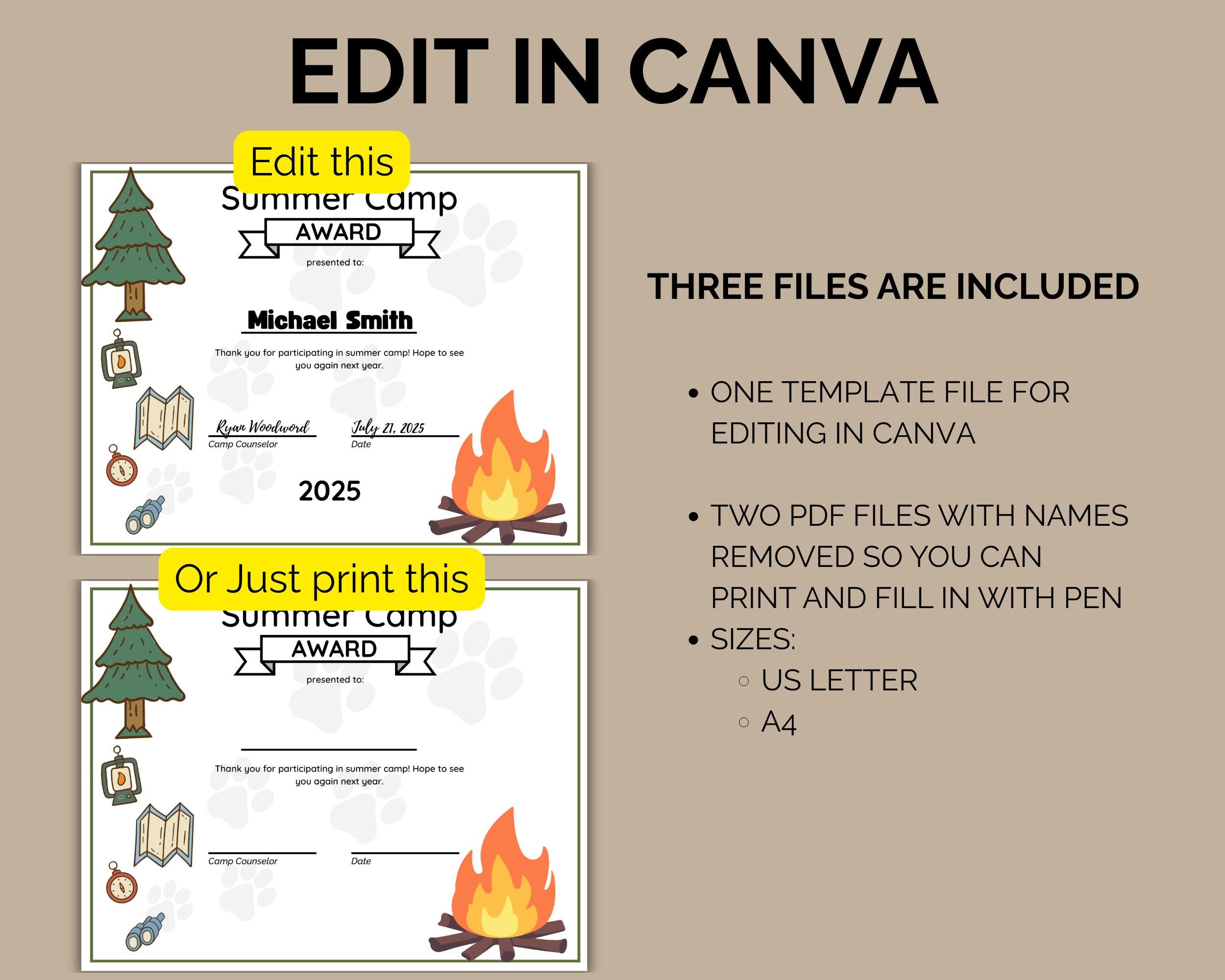 Camp Certificates, Summer Camp Awards, Editable Certificate, Summer ...