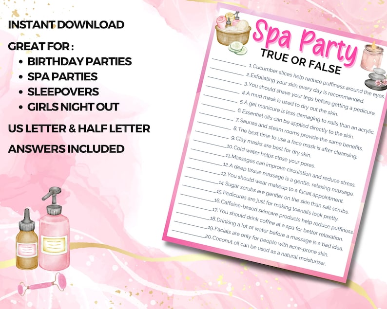 Spa Party Trivia, Spa Party Activity, Spa Party Party Games, Spa Party ...