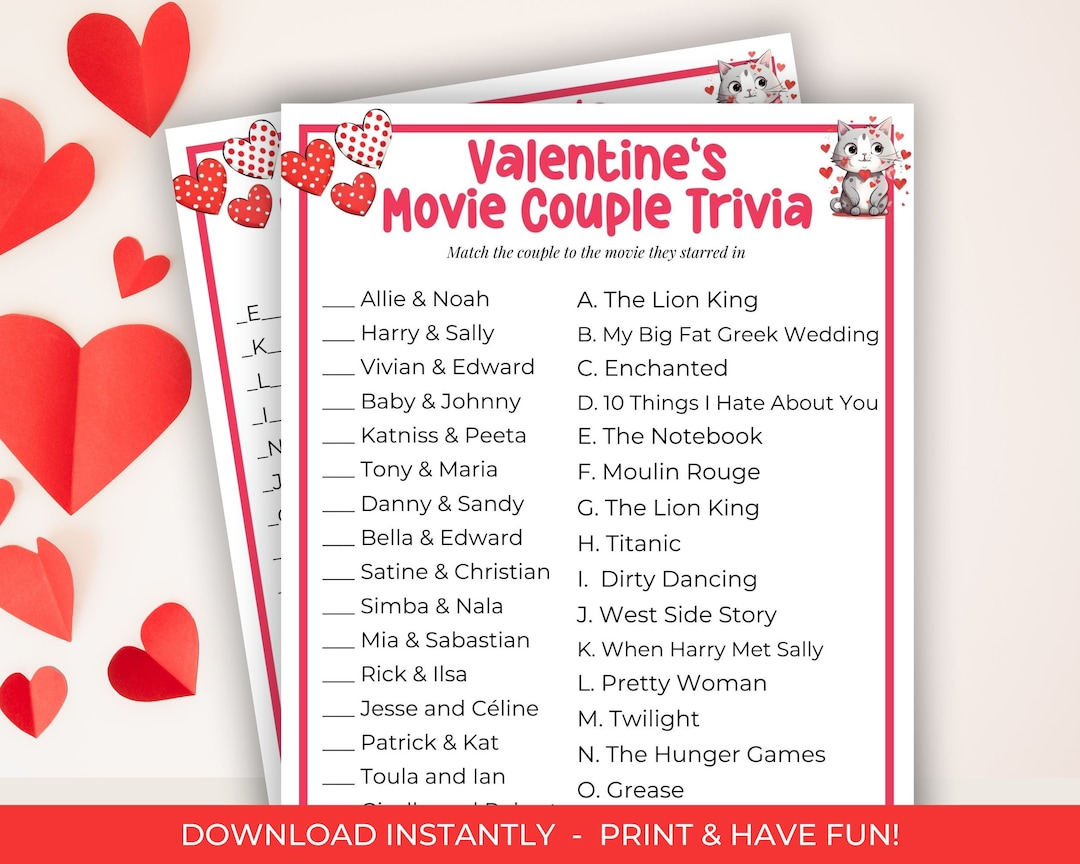 Valentine's Day Adult Trivia Movie Trivia Valentines Printable Trivia ...