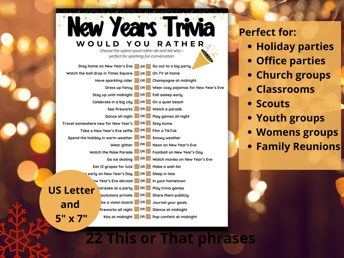 New Years Would You Rather, NYE Games, New Years Eve Game Printable ...