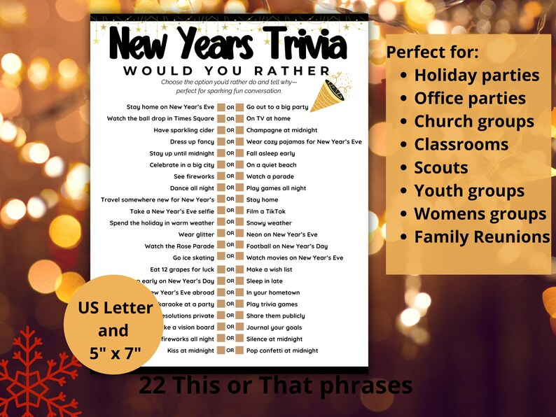 New Years Would You Rather, NYE Games, New Years Eve Game Printable ...