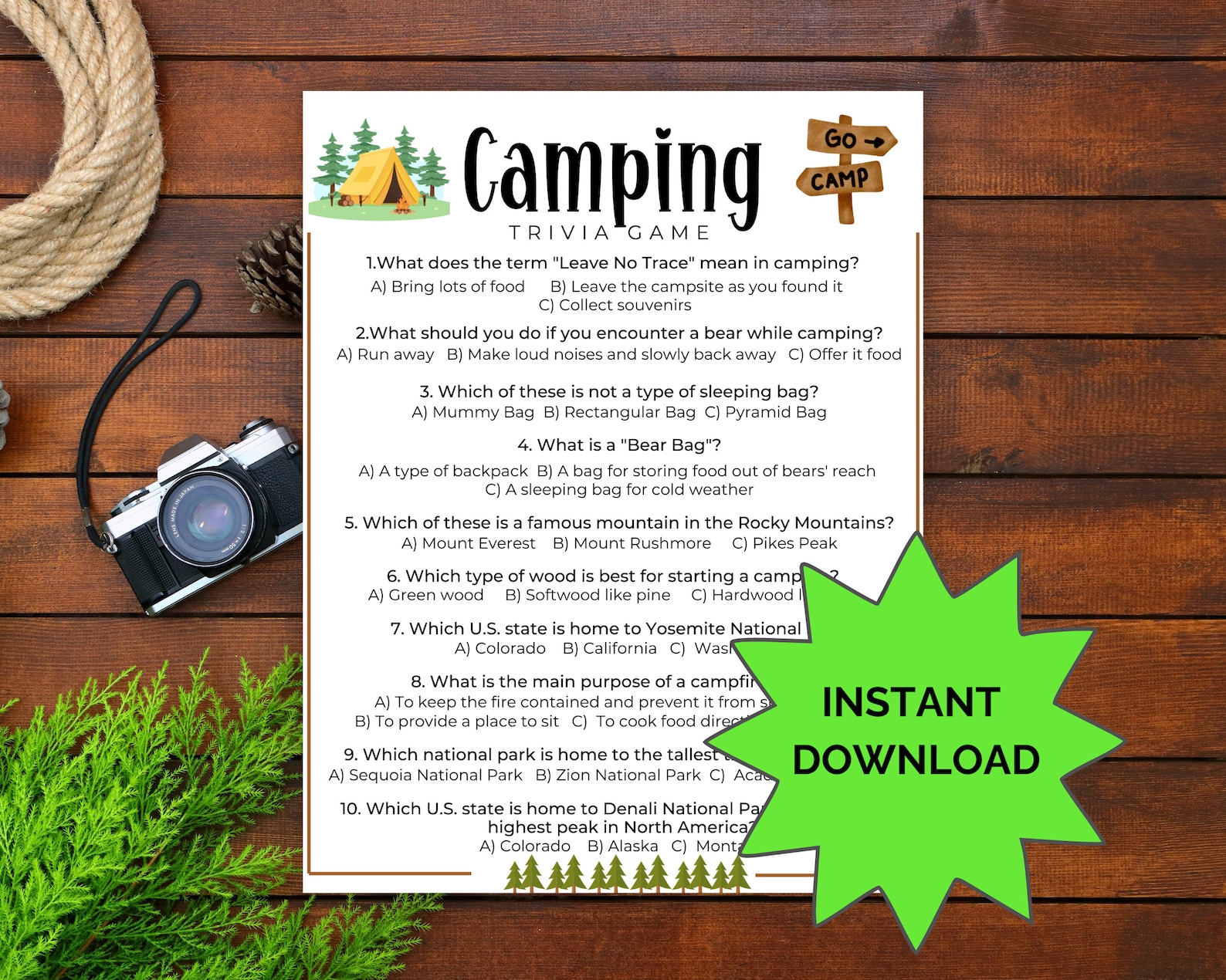 Campfire Trivia Printable; Camping Trivia Printable for Kids Camping ...