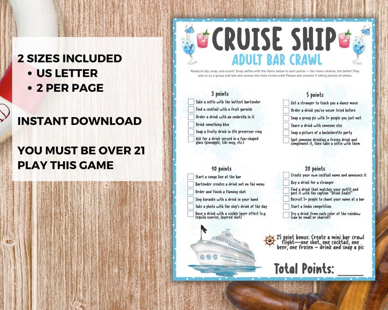 Cruise Bar Crawl Printable, Adult Cruise Game, Bachelor Cruise ...