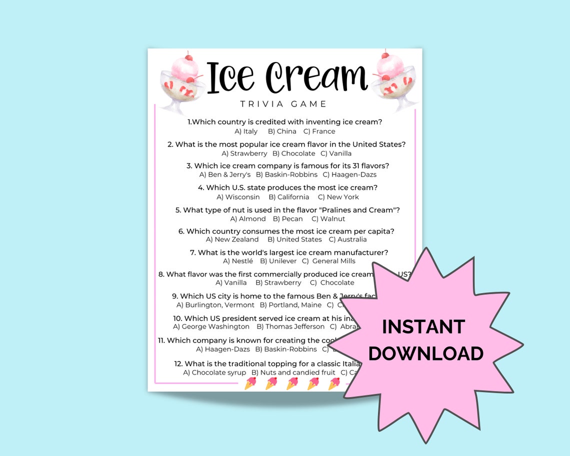 Ice Cream Trivia Printable Ice Cream Party Game Summer Activities for ...