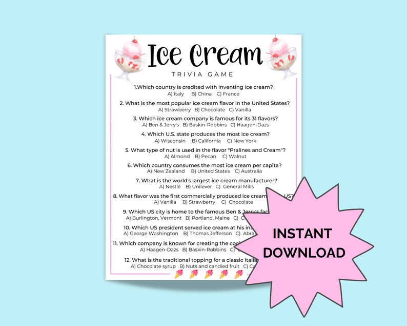 Ice Cream Trivia Printable Ice Cream Party Game Summer Activities for ...