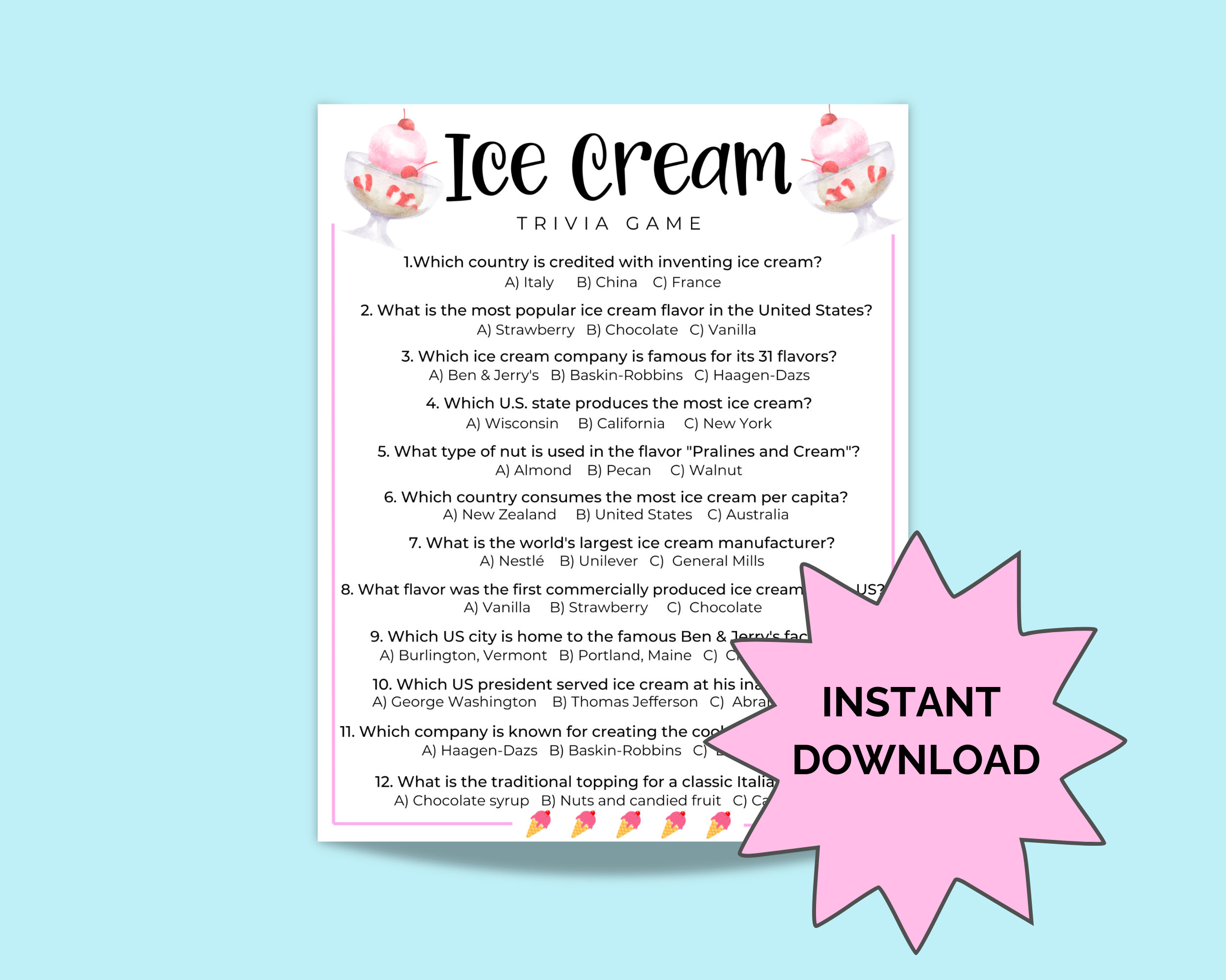 Ice Cream Trivia Printable Ice Cream Party Game Summer Activities for ...