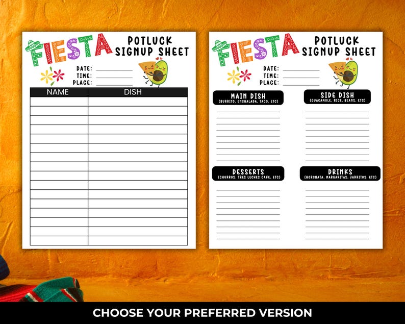 Fiesta Potluck Sign up Sheet, Cinco De Mayo Food Signup Form, Fiesta ...
