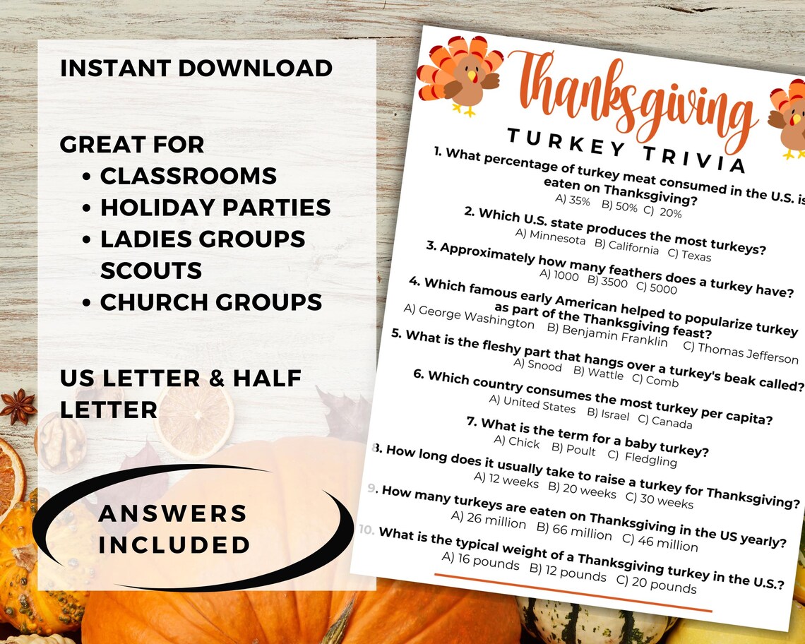 Thanksgiving Quiz, Thanksgiving Trivia Game, Turkey Trivia Game, Ladies ...