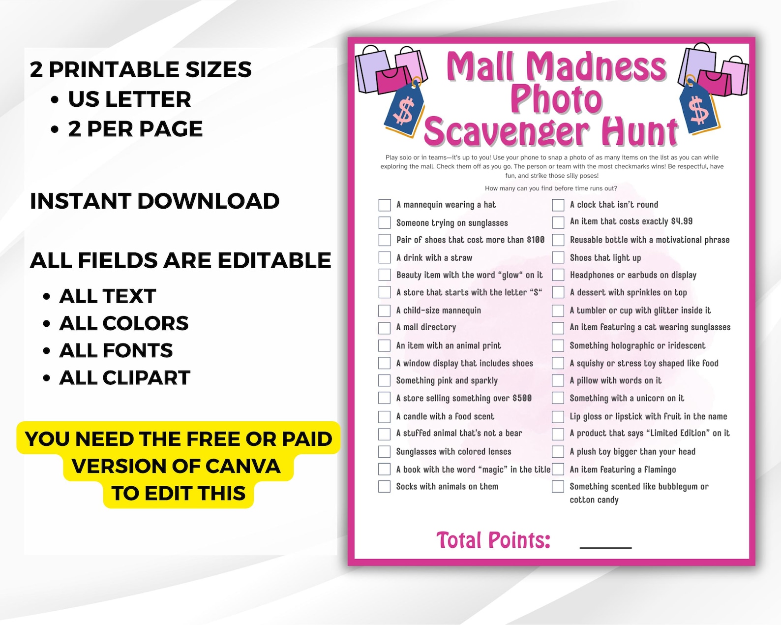 Mall Scavenger Hunt Birthday Kids, Tween Scavenger Hunt, Teen Scavenger ...