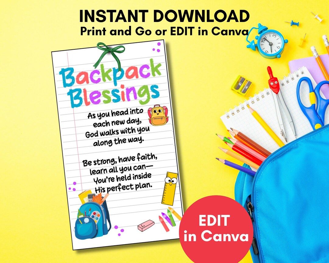 Backpack Blessing Tag, EDITABLE Bless This Backpack, Christian School ...