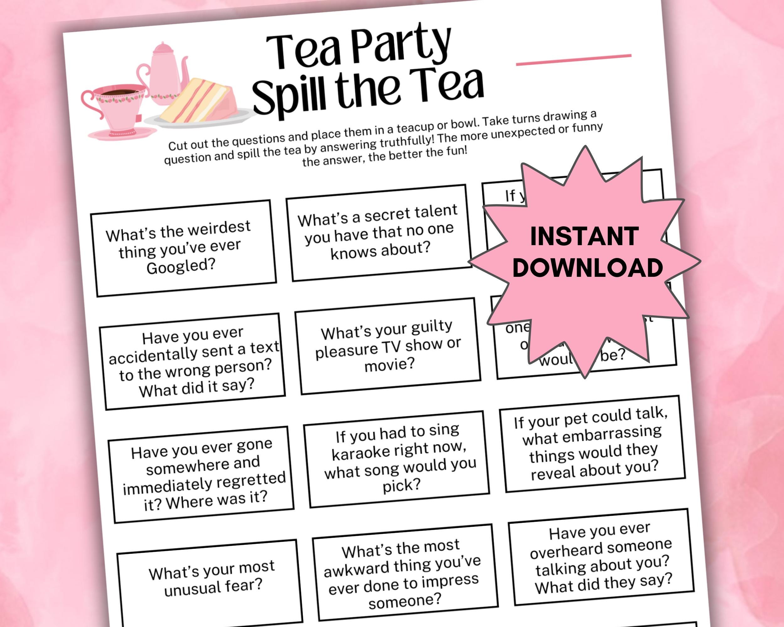 Spill the Tea Game, Ladies Tea Party Games, Tea Party Activities ...