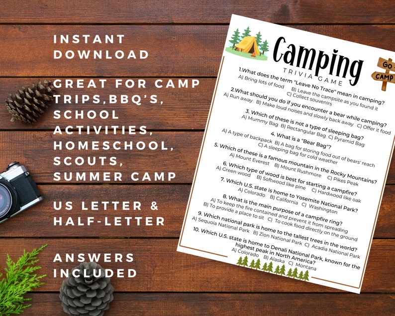 Campfire Trivia Printable; Camping Trivia Printable for Kids Camping ...