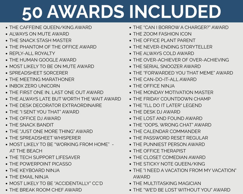 Work Superlatives, Fun Employee Awards, Funny Office Awards, Employee ...