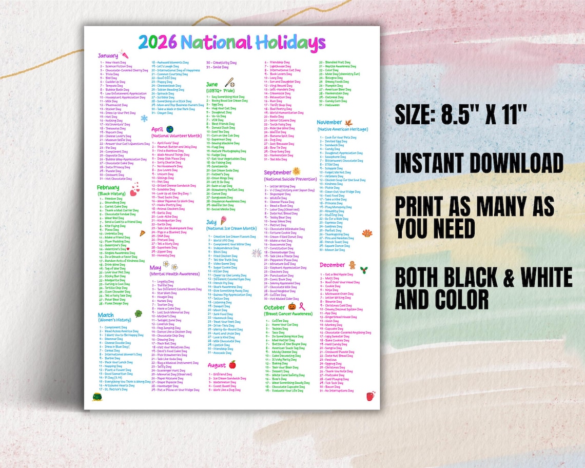 National Days 2026 Printable Calendar, Silly Holidays & Fun Days ...