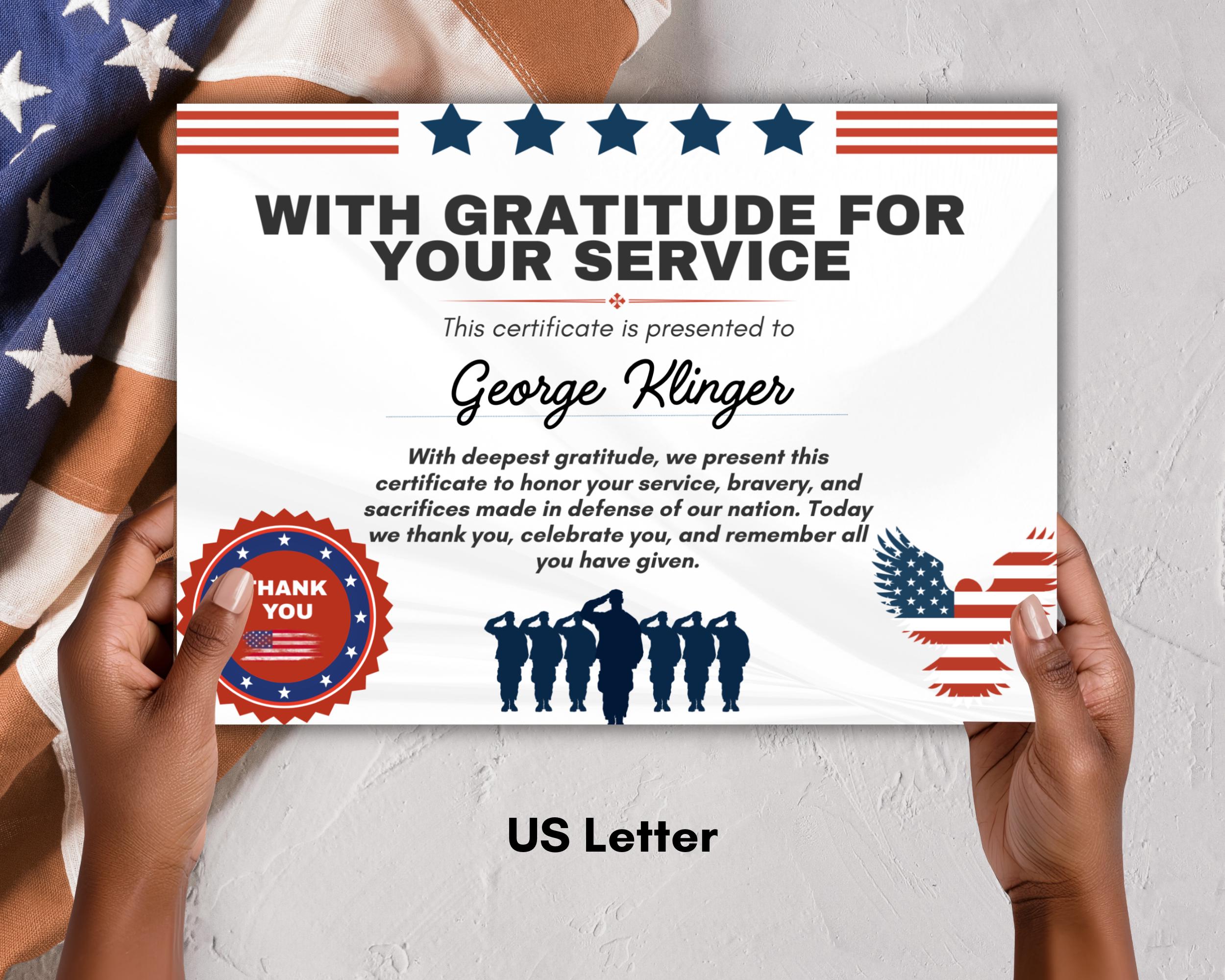 Certification of Appreciation Veterans Day, Thank a Veteran, Veterans ...