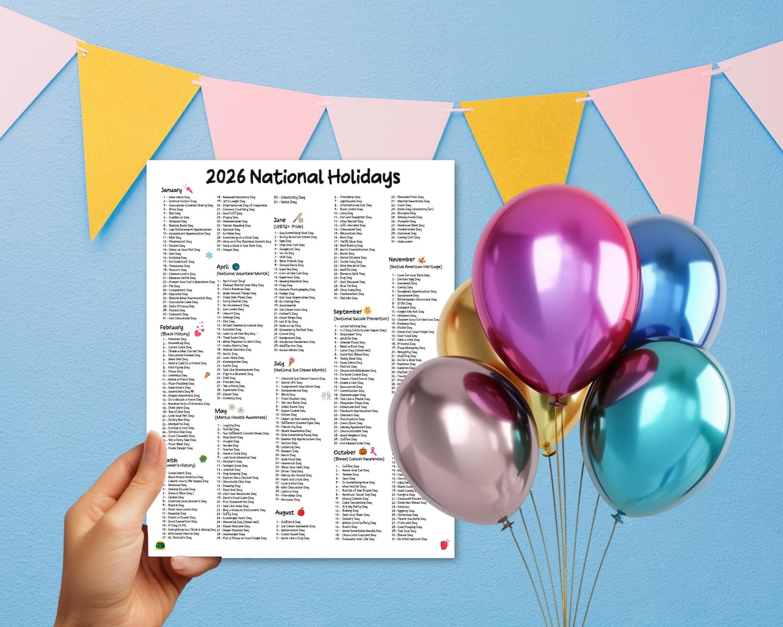 National Days 2026 Printable Calendar, Silly Holidays & Fun Days ...