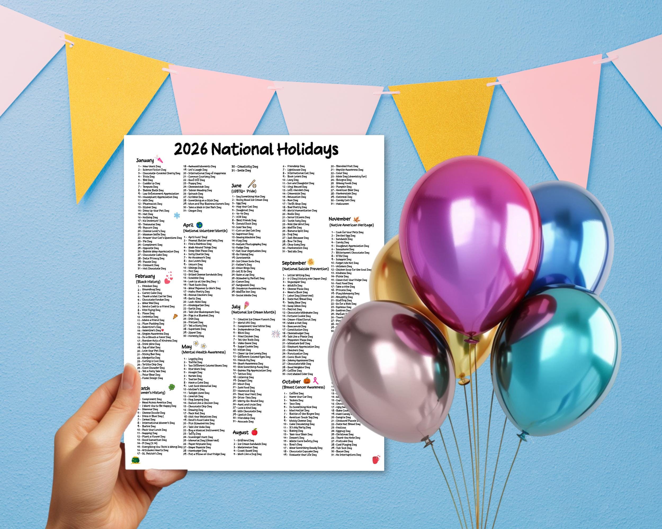 National Days 2026 Printable Calendar, Silly Holidays & Fun Days ...