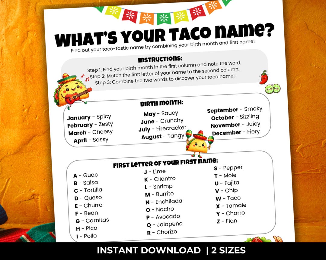 Whats Your Taco Name Game, Fiesta Game, Mexican Party Games, Taco Name ...