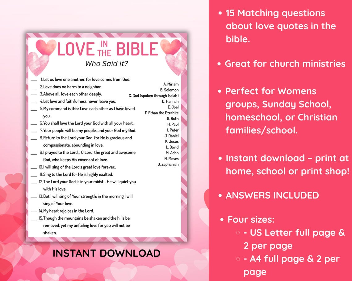Christians Valentine Trivia Game, Valentines Bible Matching Game, Bible Verses About Love ...