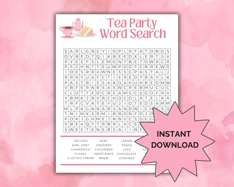 Tea Party Word Search, Tea Party Printable, Ladies Tea Party Games ...