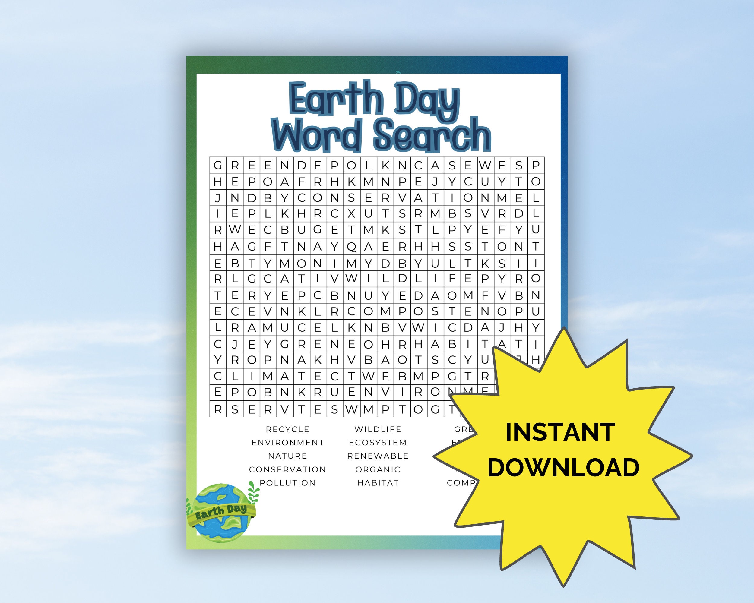 Earth Day Word Search, Printable Earth Day, Earth Day Activity, Earth ...