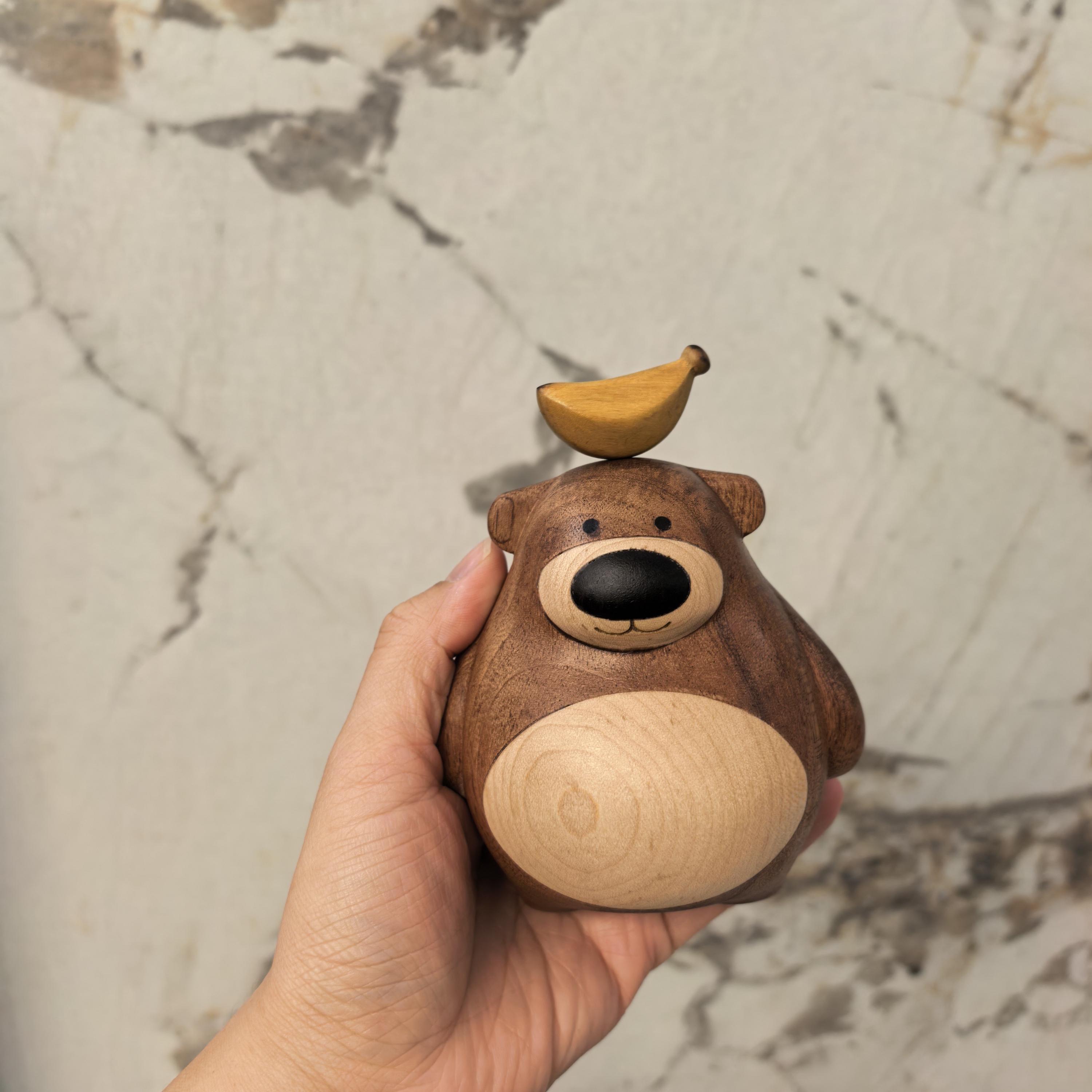 Wooden Bear Figurine/ Hand Engraving Bear Sculpture/ Wooden Banana Bear ...